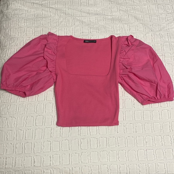 Zara | Tops | Zara Hot Pink Puff Sleeve Crop Top | Poshmark